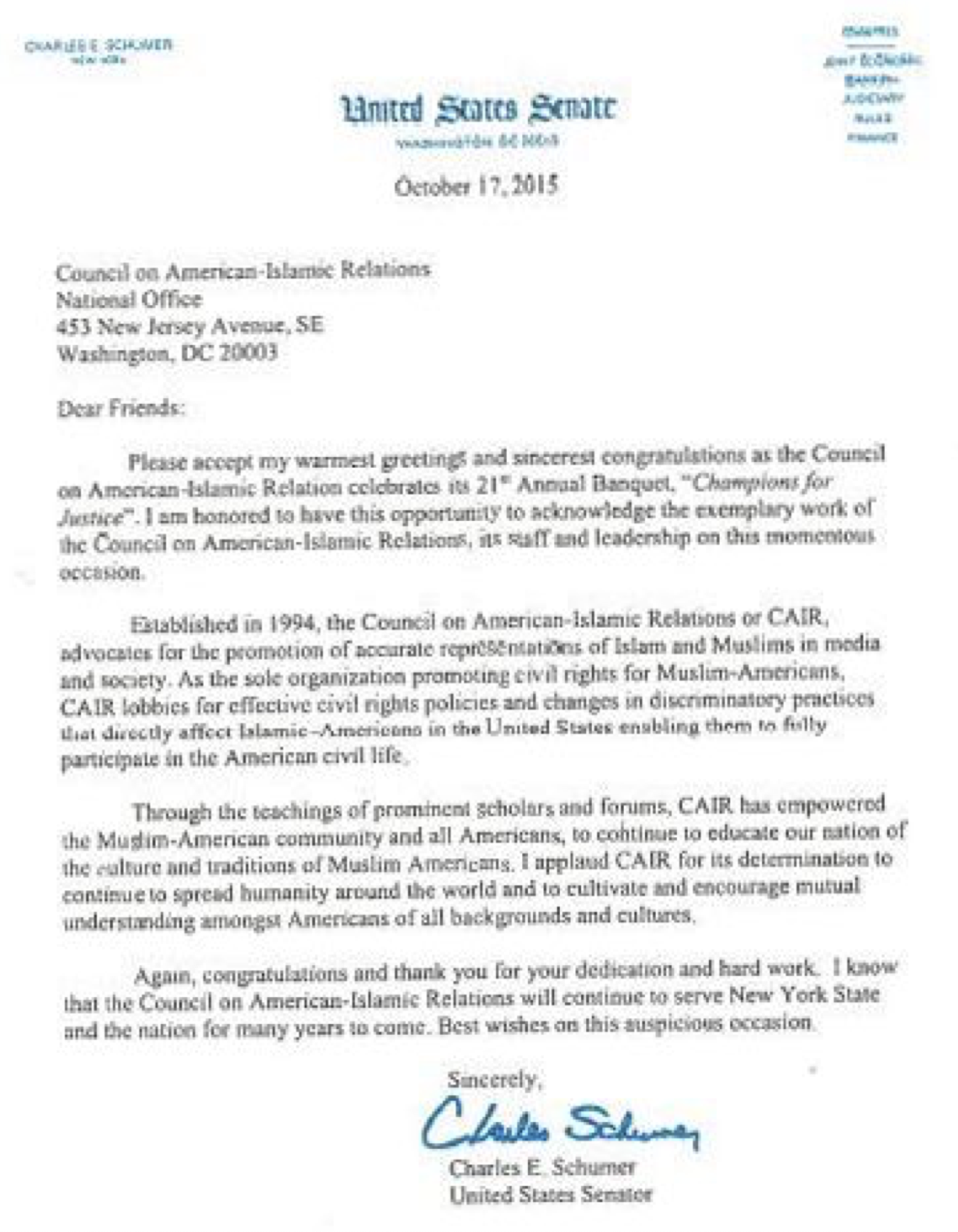JINO (Jew in Name Only) Senator Chuck Schumer (D-NY) praised the ...